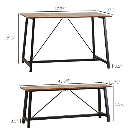 HOMCOM Industrial 3-Piece Dining Table Set, Rectangular Kitchen Table and Chairs for 4 People, Space-Saving Dinner Table with Two Benches, Rustic Brown