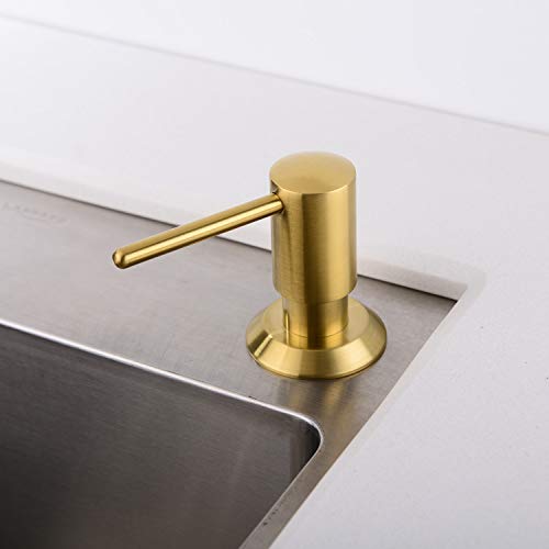 KMEINO Gold Soap Dispenser, Built in Undermount Soap Dispenser Brass Commercial, Brushed Gold Metal Pump Head Liquid Lotion Kitchen Countertop Soap Dispenser with 500ml PP Bottle