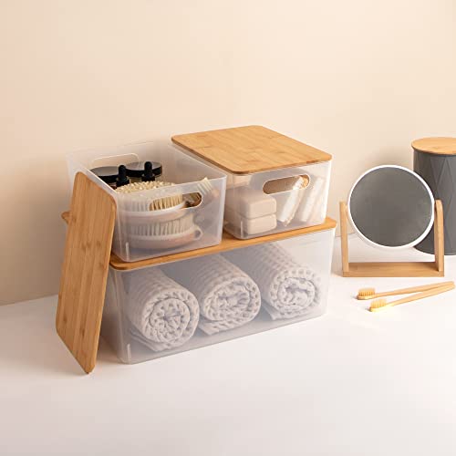Isaac Jacobs 2-Pack Storage Bin Set w/Cut-Out Handles and Bamboo Lid, Plastic Organizers for Home, Pantry, Kitchen, Closet, Office, Home Décor, BPA Free, Food Safe (Medium, Clear)