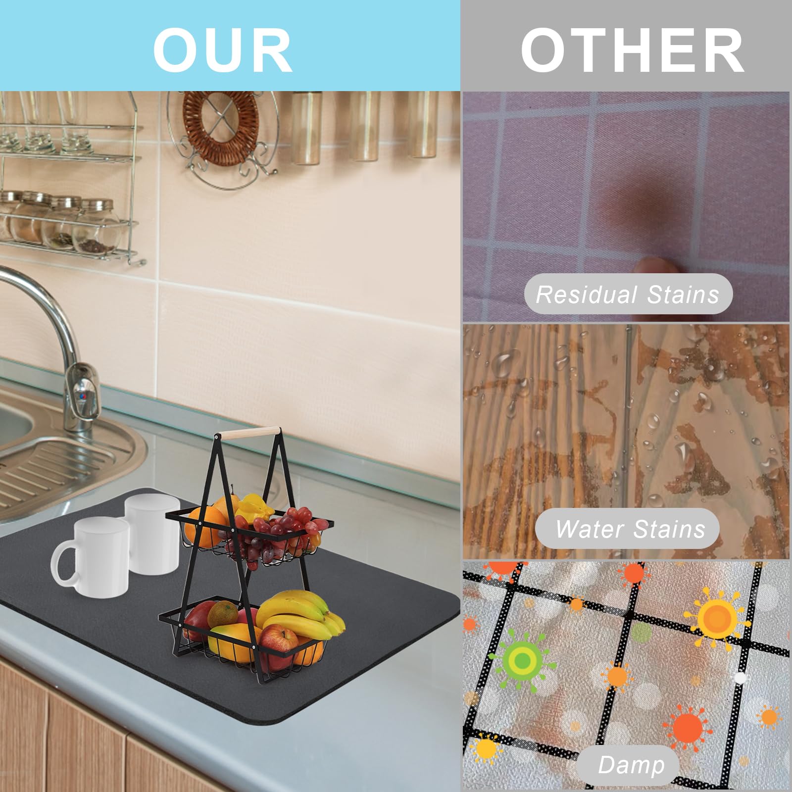 Coffee Mat for Kitchen, 12"x19" Absorbent Dish Drying Mat for Kitchen Counter, Hide Stains Rubber Backed, Coffee Bar Accessories, for Hidden Stains on Kitchen Countertops and Under Coffee Makers