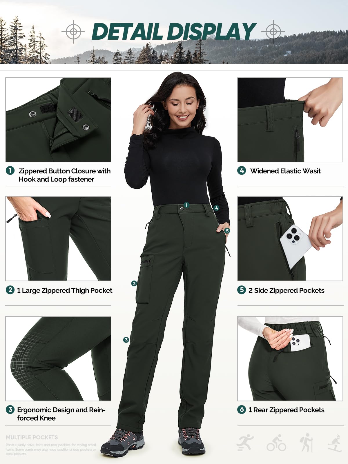 Cycorld Women's-Ski-Snow-Pants, Fleece Lined Water Resistant Windproof Pants Winter Hiking Softshell Pants for Women(Black,Large)
