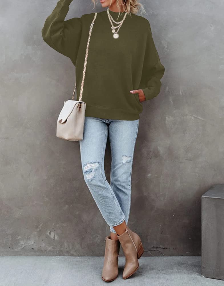 Ezbelle Casual Long Sleeve Crewneck Sweatshirt For Women Lightweight Sweater Pullover Cute Tunic Tops Pockets Army Green Medium