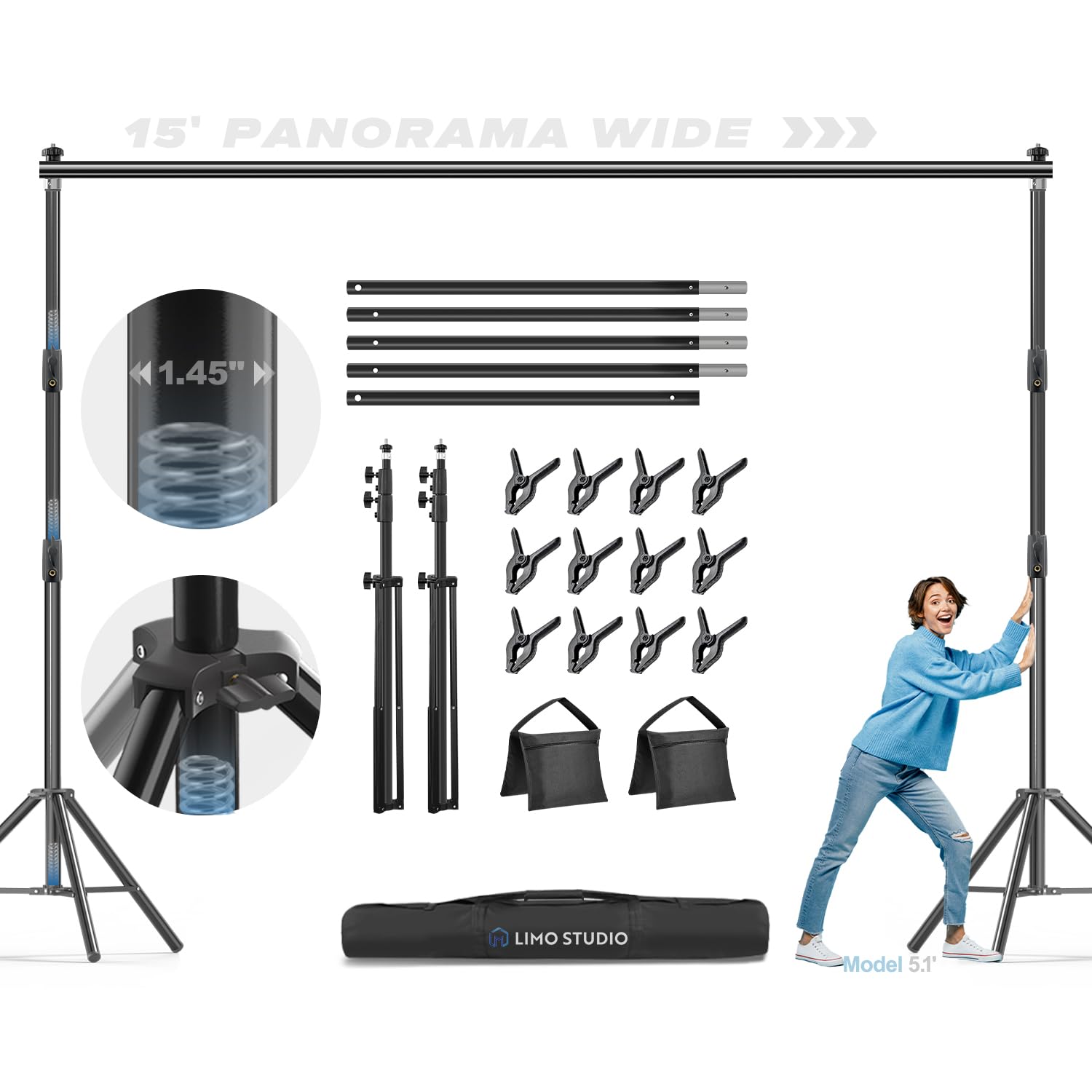LimoStudio [Super Heavy Duty] 15 x 10.4 ft. (W x H) Upgraded Backdrop Stands, Panorama Wide Extra Large, Thicker Pole & Bar, Super Strong No Shaking, Shock-Proof Spring Tripod, Outdoor Event, AGG3316