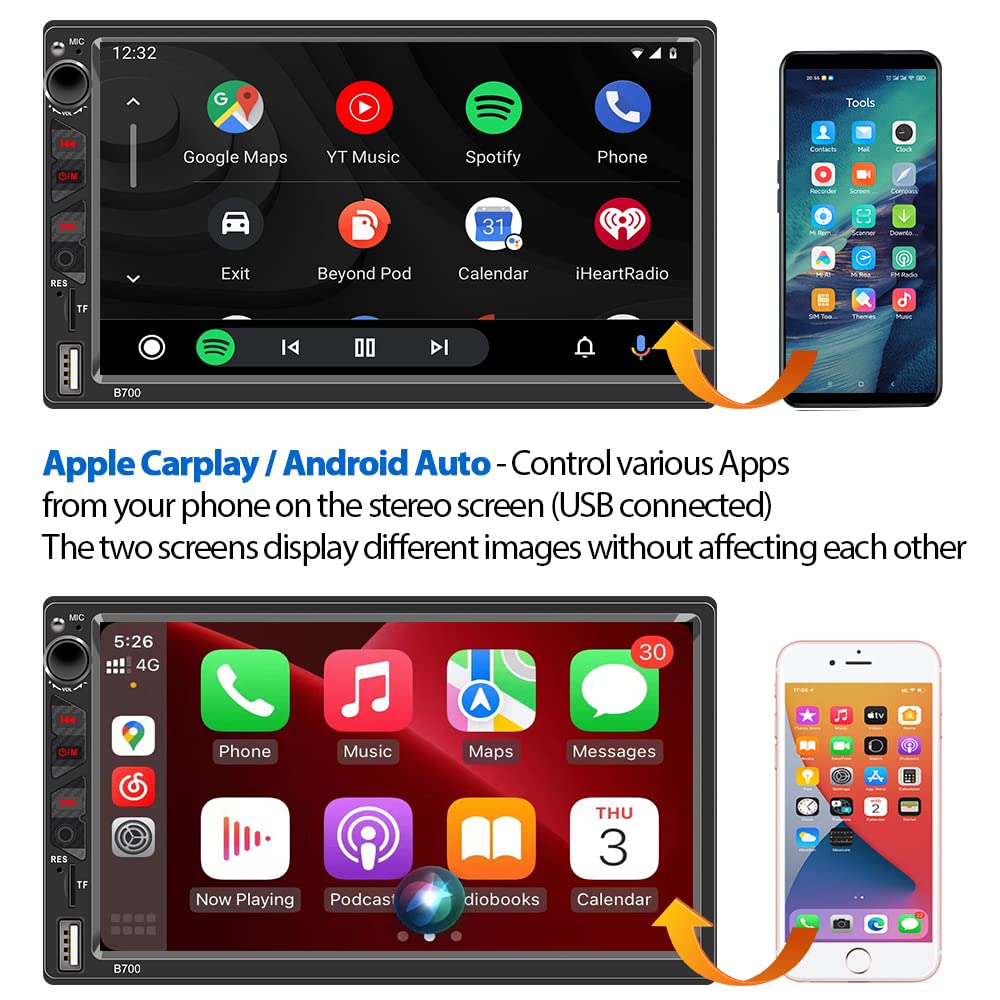 Double Din Car Stereo Built-in Apple CarPlay and Android Auto, 7 Inch Touchscreen Radio with Bluetooth 5.0 and 12LED Backup Camera, Phone Mirror-Link Car Multimedia Player Audio Receiver