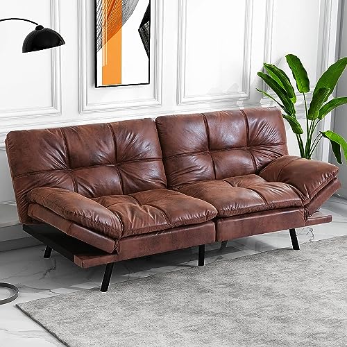 IULULU Futon Sofa Bed Faux Leather Couch with Adjustable Armrests, Modern Industrial Sleeper Daybed for Small Spaces, Living Room, Compact Apartment, Office, House, Condo, Loft, Bungalow, Brown