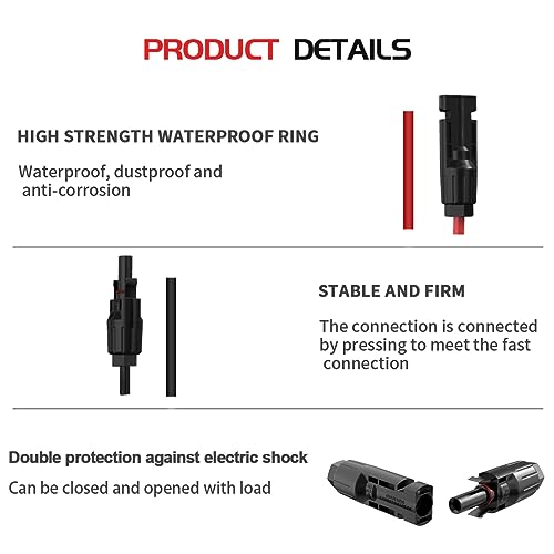 ELFCULB Solar Panel Extension Cable-1Pair 12AWG 20FT Solar Extension Cable Black&Red with Male/Female Connectors Solar Panel PV Cable Wire with Extra Pair of Connectors Solar Panel Adaptor Kit