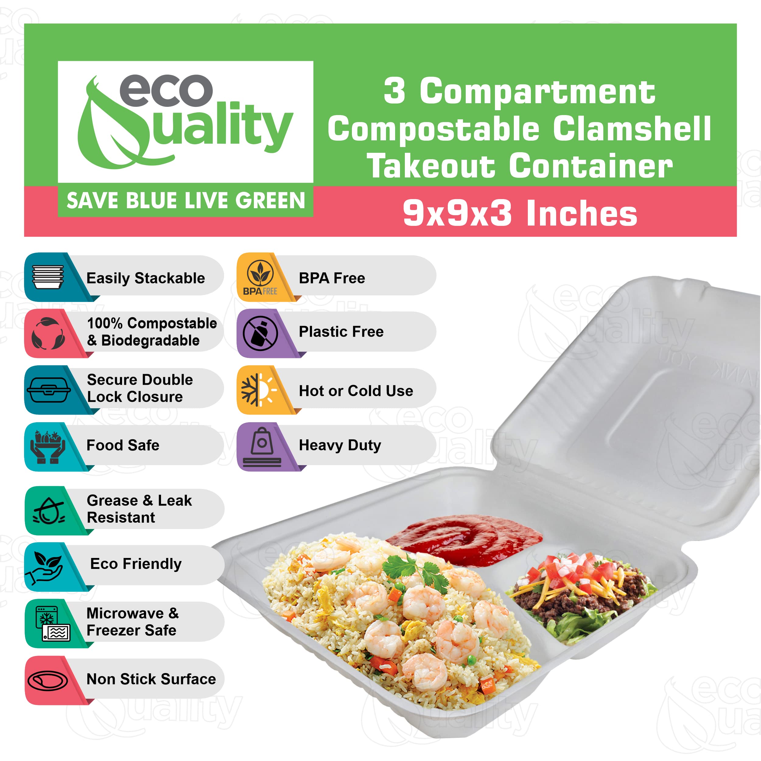 Compostable 3-Compartment Hinged Clamshell Take Out Food Containers 9x9x3,Heavy Duty Quality Square Disposable to go Containers, Eco-Friendly Takeout Box, Restaurants, Food Trucks (25)
