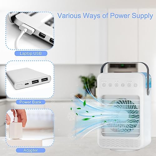 Trovono Portable Air Conditioner Fan,Mini Personal Air Cooler with 4 Wind Speed,2/4/6H Timer,600ML Tank,Rainbow LED Light,120°Oscillating Cooling Fan,2 Spray,Low Noise,Desktop Office, Home, Bedroom