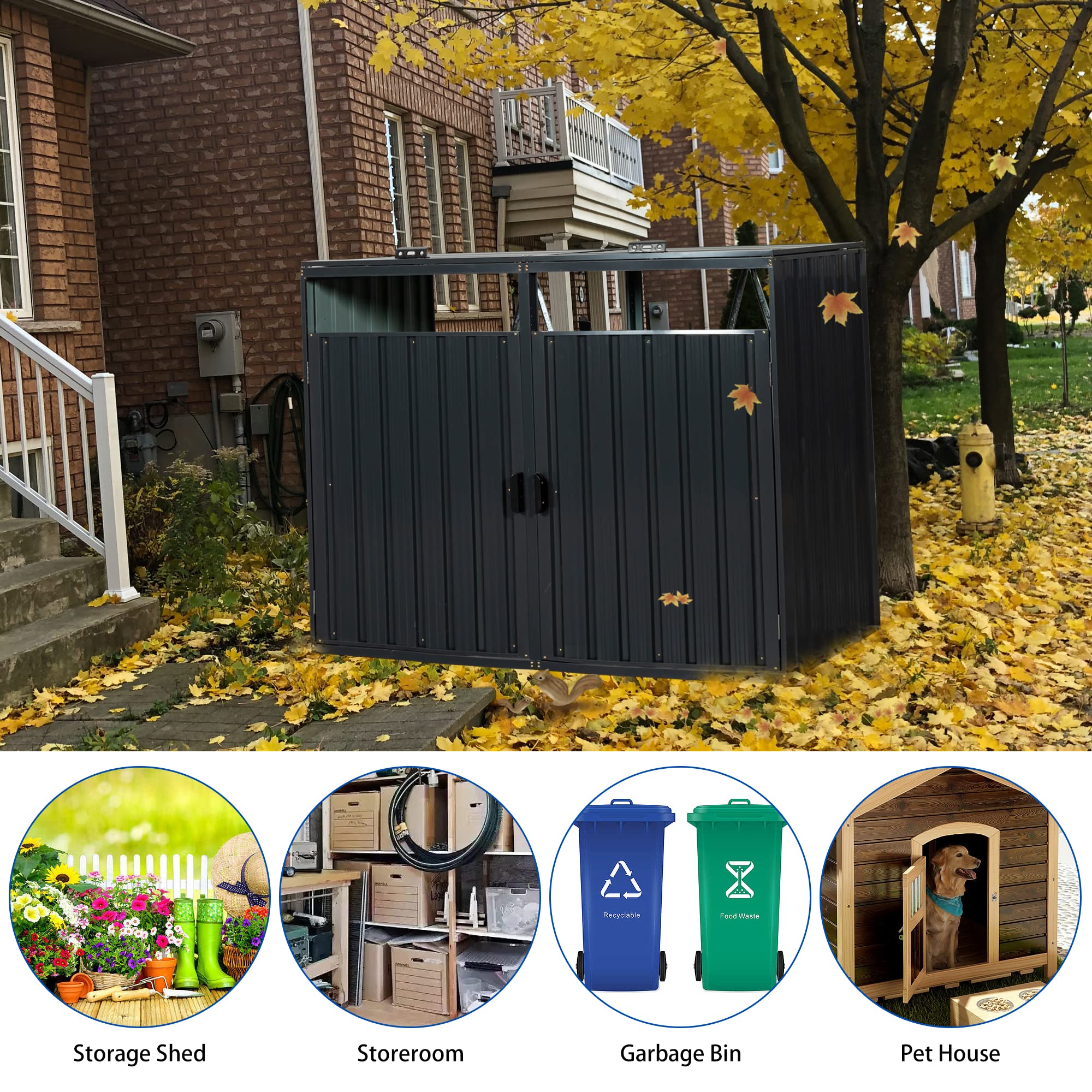 Homtique Outdoor Trash Can Storage Shed, Garbage Bin Shed for 2 Trash Cans and Tools, Stainless Galvanized Steel, Metal Trash Can Shed for Garden Yard Lawn