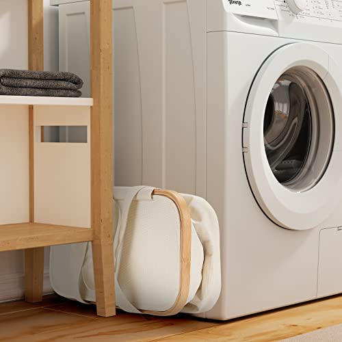yamagahome Slim Laundry Basket with lid 52L, Collapsible Narrow Laundry Hamper with Removable Washable Laundry Bag, Thin Hamper Storage Basket Made of Bamboo and Oxford for Bedrooms, Bathroom, RV
