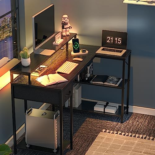 SUPERJARE L Shaped Gaming Desk with LED Lights & Power Outlets Reversible Computer Desk and Nightstands Set of 2 with Charging Station & LED Light Strips, Black