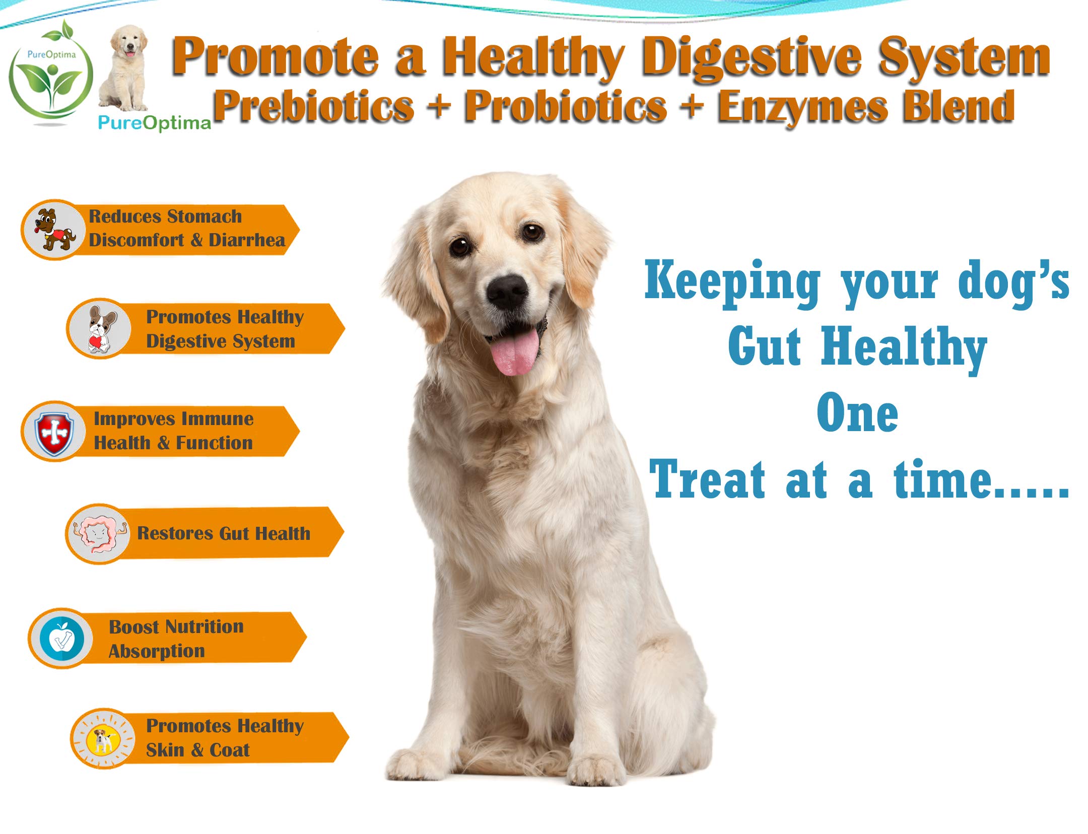 PureOptima Probiotics Chews for Dogs, Digestive Enzymes + Prebiotics Improves Digestion, Diarrhea, Constipation, Gas, Bad Breath, Leaky Gut, Allergy Immunity Daily Supplement 120 Counts