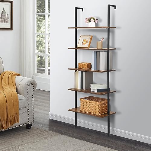 MoNiBloom 5-Tier Bookshelf Wall Mounted, 72 Inches Ladder Shelf with Metal Frame for Living Room Decor and Storage, Rustic Brown