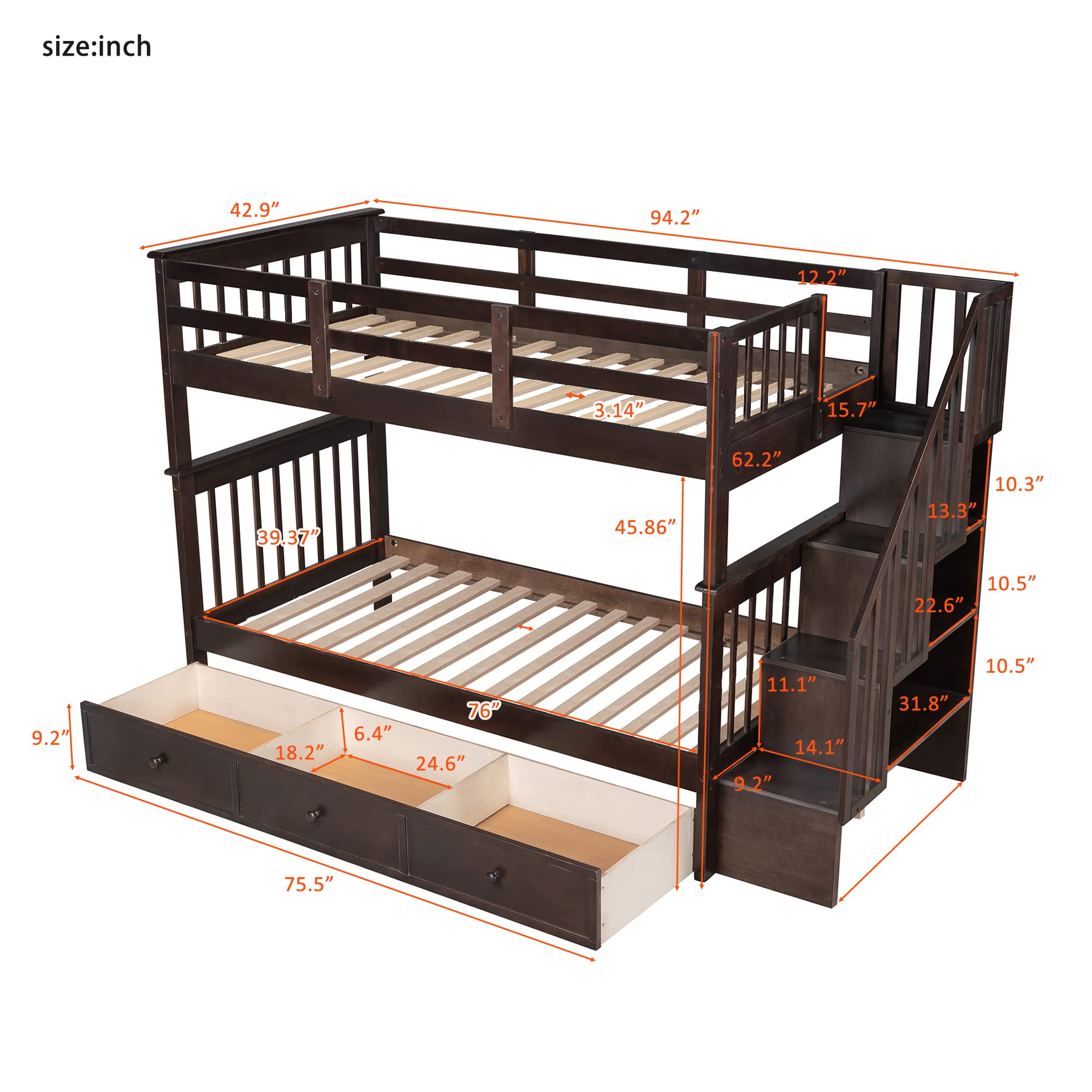 LostCat Full Over Full Bunk Beds, Full Size Bunk Bed with Drawers, Storage Stair and Shelves, Can be Divided into Two Beds, Bunk Bedframe for Teens and Adults, No Box Spring Needed, Espresso
