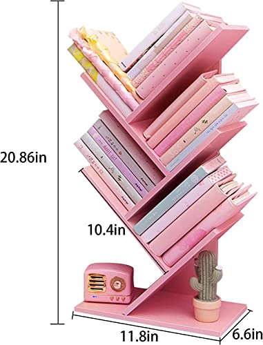 J.DXHY Tree Bookshelf,4-Layer Floor Standing Bookshelf,The Desktop Bookshelf Can Hold Books,Magazines,CDs and Photo Albums,Office Storage Rack,Pink