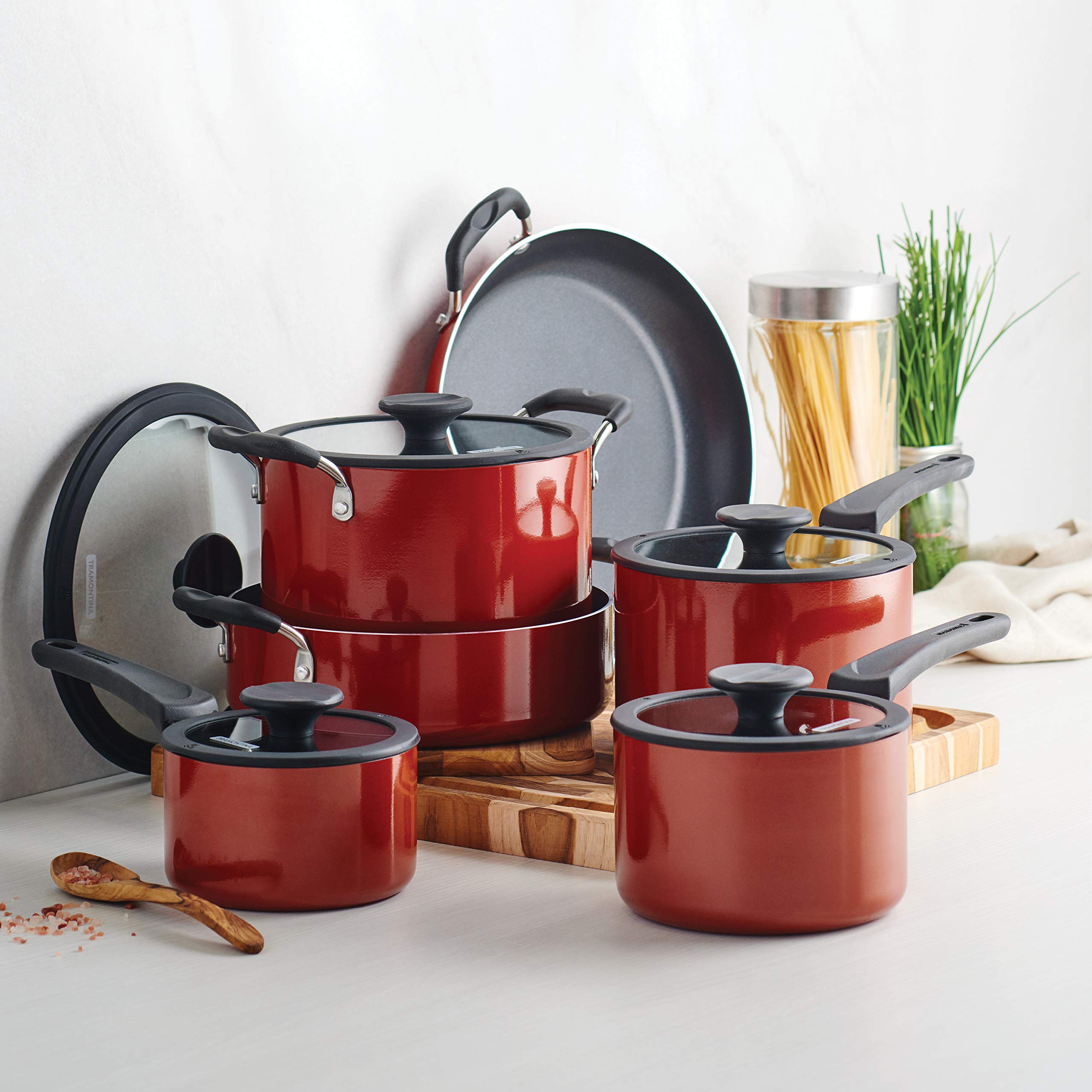 Tramontina Aluminum Non Stick 11-Piece Nesting Pots and Pans Set with Lids - Red, Kitchen Nonstick Cookware Set, Dishwasher and Oven Safe