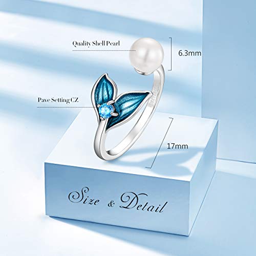 FOREVER QUEEN Mermaid Tail Ring, S925 Sterling Silver Dolphin Tail Adjustable Finger Ring for Women Open Ring with Blue Cubic Zirconia& Shell Pearl Birthday Day Gift