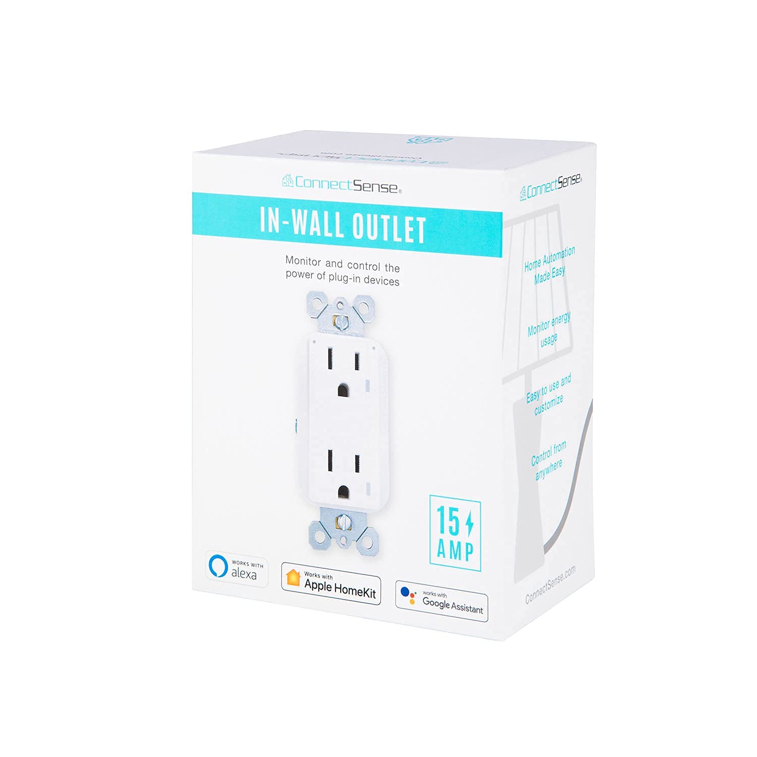 ConnectSense Smart In-Wall Outlet, WiFi Connected Electrical Smart Wall Socket That's Compatible With Amazon Alexa, Apple HomeKit Siri and Google Assistant (20A)