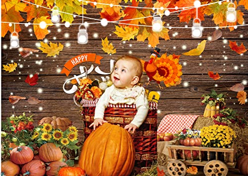 Dudaacvt 7x5ft Thanksgiving Photography Backdrop Rustic Wooden Floor Barn Harvest Background Thanksgiving Turkey Autumn Pumpkins Backdrop Thanksgiving Party Decoration Backdrop D643