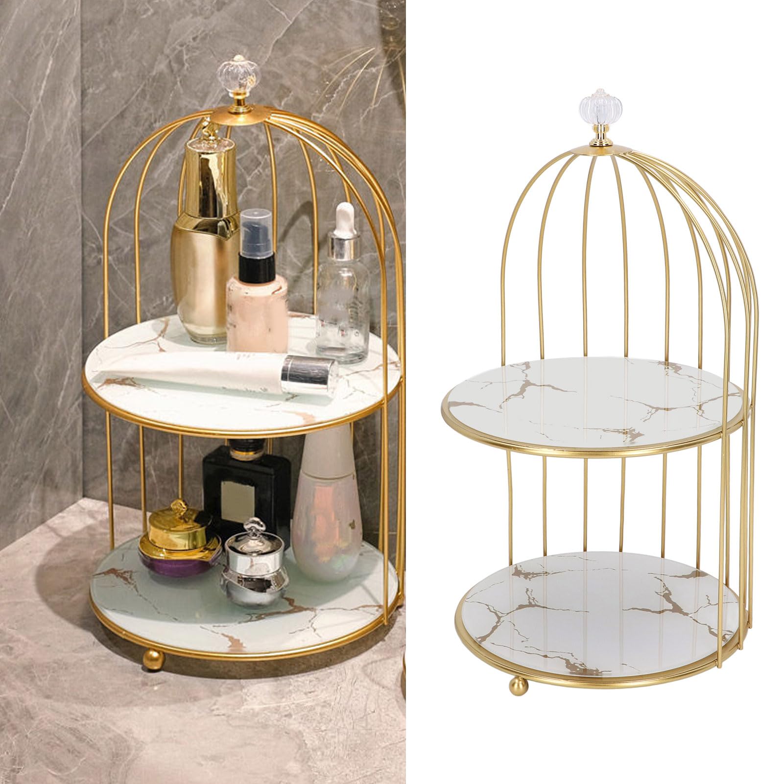 Lotpken Gold Frame Double Layer Storage Shelf Organizer for Bathroom, Bird Cage Design Display Rack for Countertop and Dressing Table (White Base Gold Pattern)