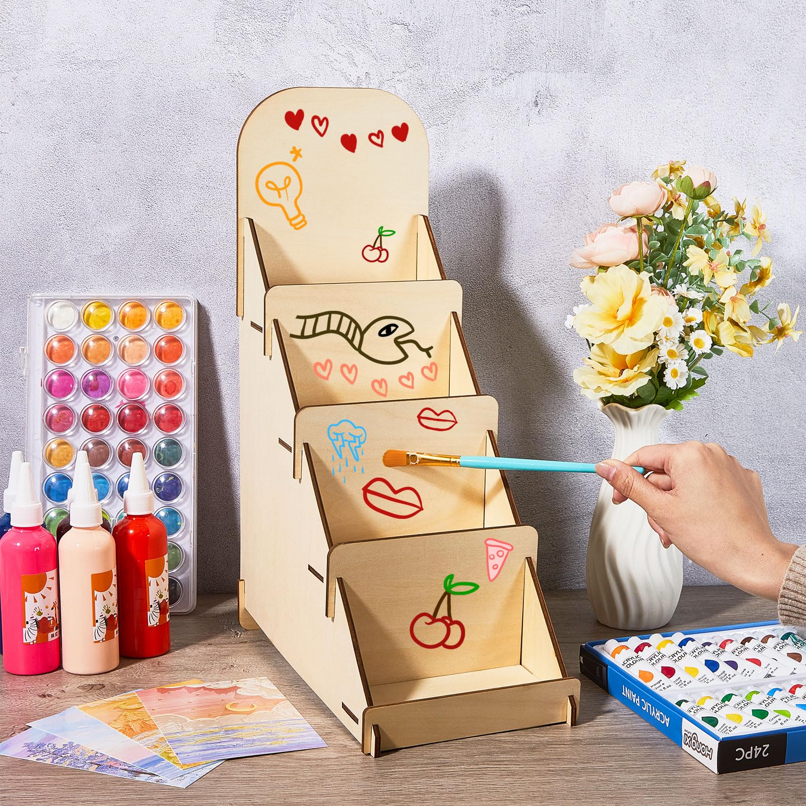 DoubleFill 4 Tier 4 Shelves Greeting Card Display Stand Sticker Display Stand Wood Portable Card Display Rack Multipurpose Greeting Card Holder Wooden Sticker Display Stand for Cards Stickers Photos