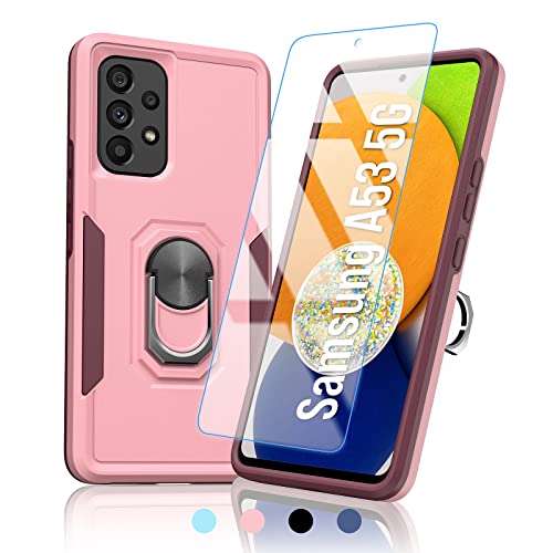 TUNKARMOR for Samsung Galaxy A53 5G | A53 5G UW Case: with Tempered Screen Protector Built in Rotable Ring Kickstand Military Grade Dual Layer Shockproof Protective Phone Cover - Rose Pink