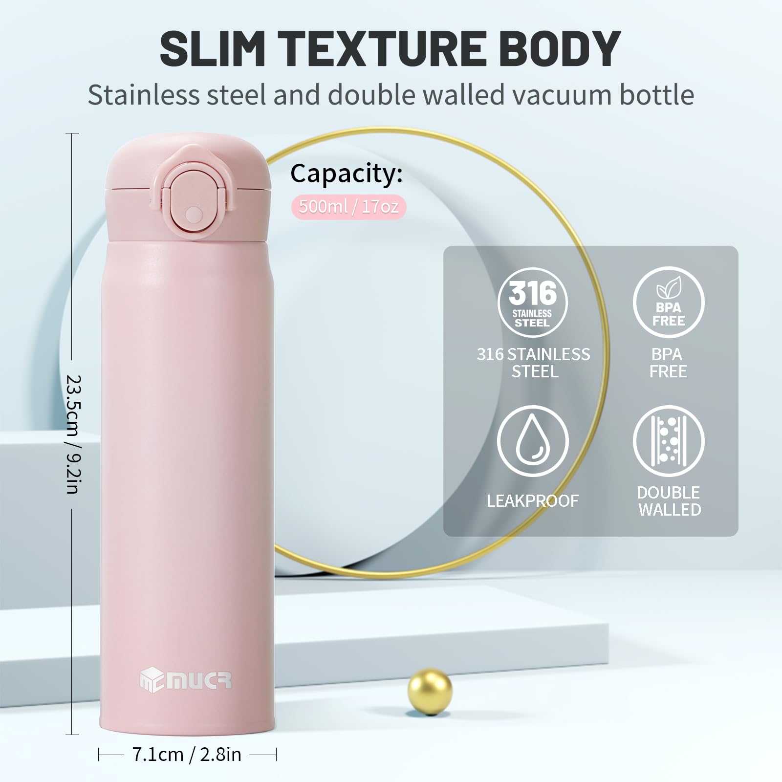 MUCR 17 oz / 500 ml Insulated Water Bottle, Stainless Steel Thermo Coffee Travel Mug, Thermal Cup with Snap Flip Lid, BPA Free for Hot and Cold Drinking, Pink