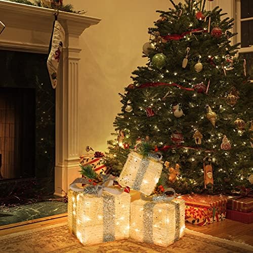 COVFEVER Christmas Lighted Gift Boxes, Pre-lit Lights Gold Linen Cloth Gift Boxes, Light up Present Boxes Set Battery Operated with Different Sizes for Holiday Indoor Outdoor Decorations