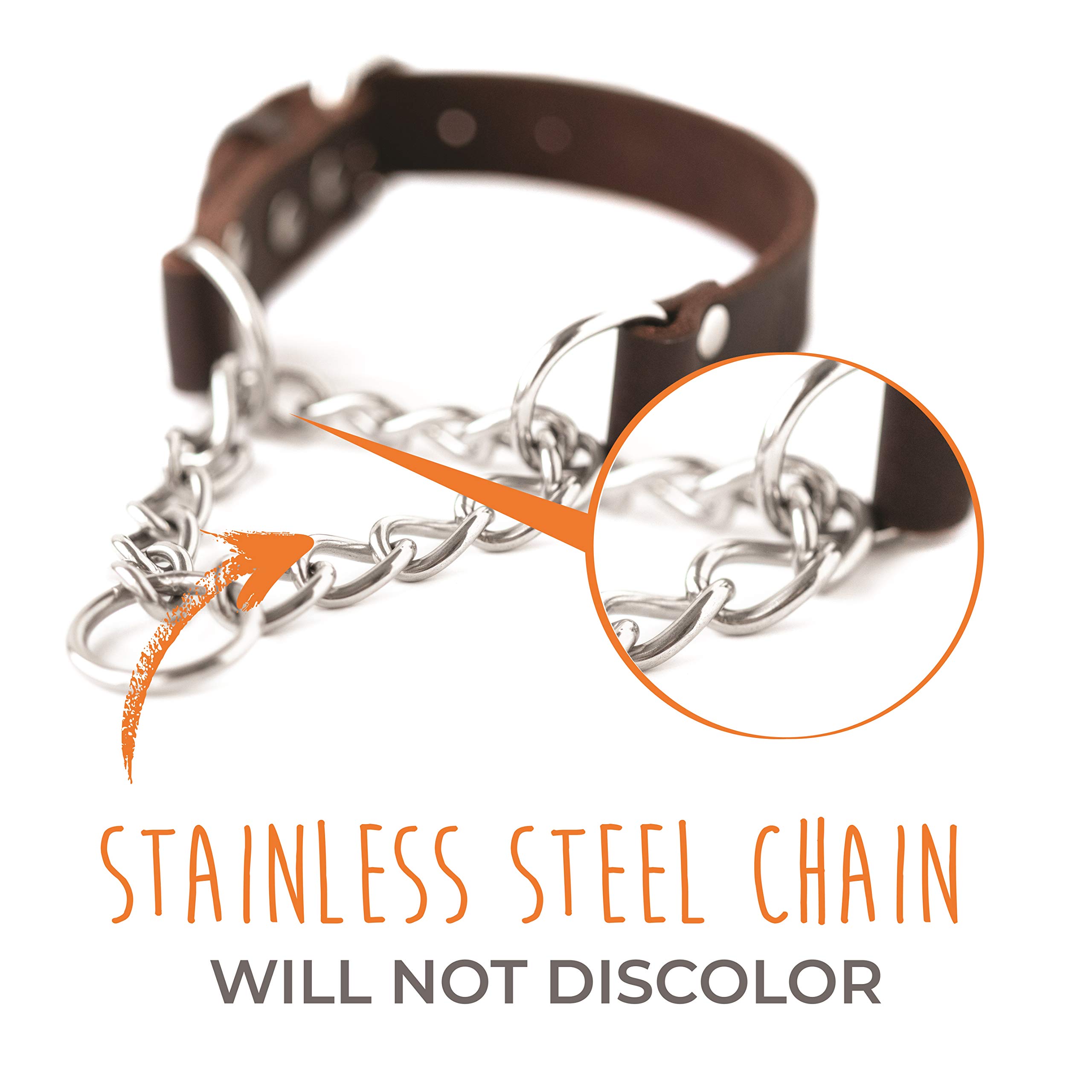 Mighty Paw Martingale Dog Collar - No Pull Design - Stainless Steel Chain - Limited Chain Cinch Training - Dog Collar Leather Martingale - Brown Leather Martingale Training Collar - Large Size Collar