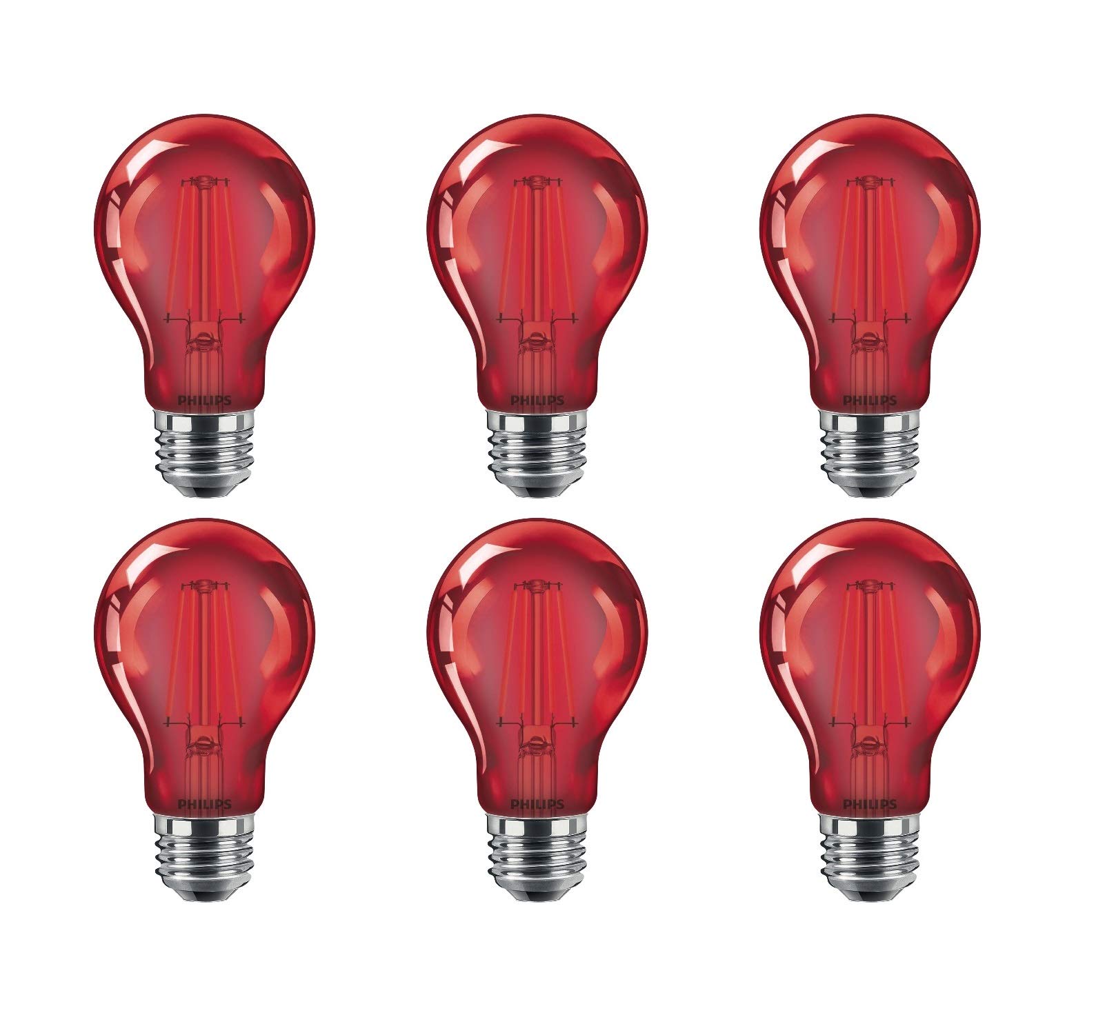 Philips LED 538207 A19 Party Bulbs: Filament Glass, 4-Watt (40-Watt Equivalent), E26 Medium Screw Base, Red Light, 6-Pack