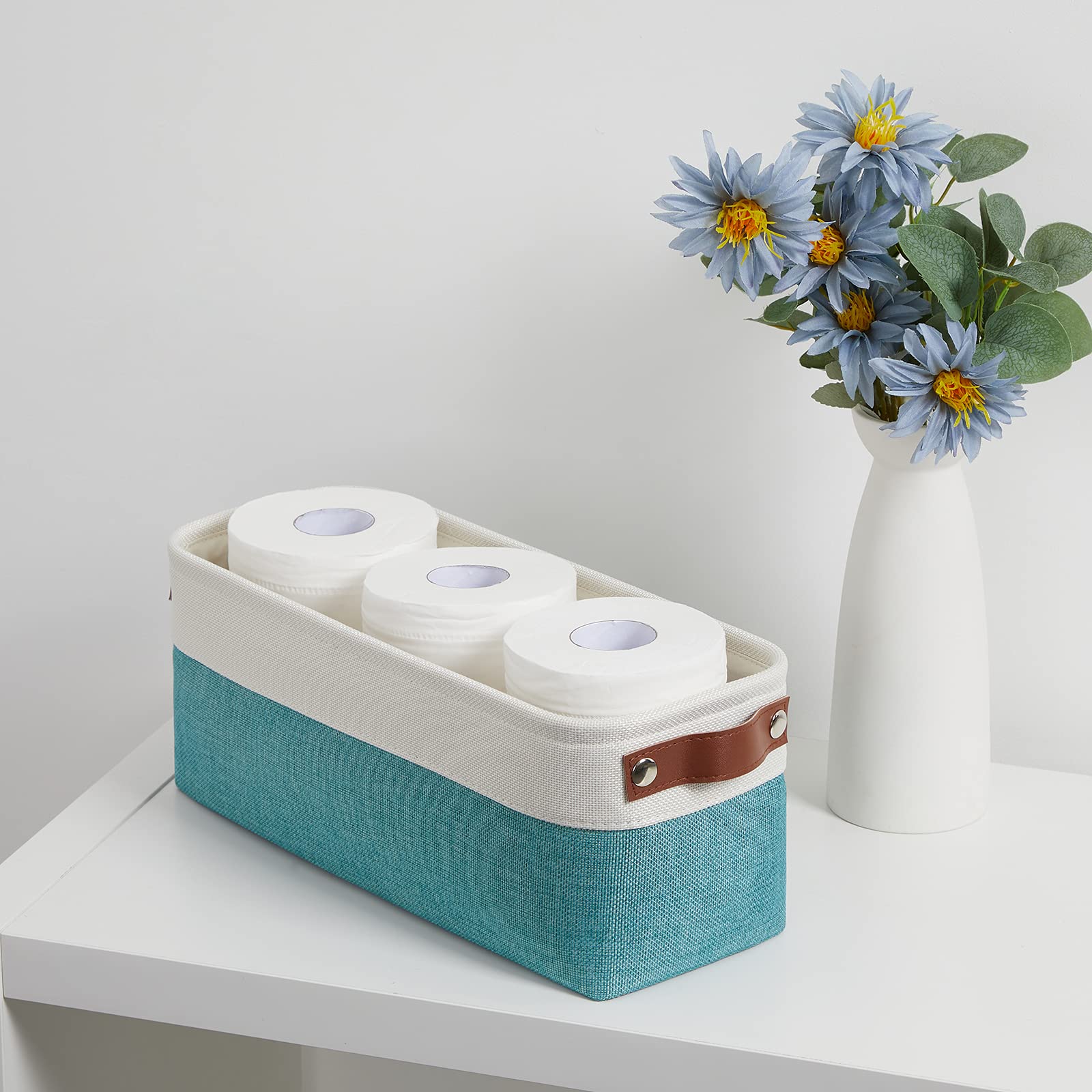 DULLEMELO Collapsible Bundle Baskets 6 Small Baskets 11.8"x7.9"x5.1" + 2 Narrow Baskets 15"x6"x5.5"(White&Teal)