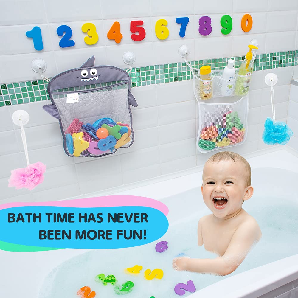 Comfylife Baby Bath Toy Organizer - Shark (2 Bath Toy Storage Nets, 8 Toy Numbers & 10 Strong Hooks) – Great Bath Net for Kids – Cute Bathtub Toy Organizer and Bath/Shower Caddy Storage Solution