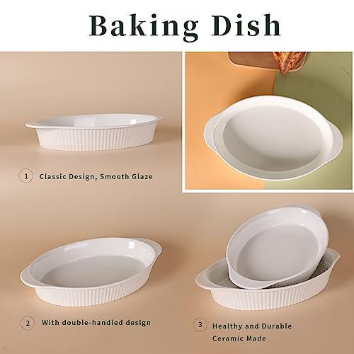 LEETOYI Porcelain 9x13 Large Oval Au Gratin Pans,Baking Dish for Servings, Bakeware with Double Handle for Kitchen and Home (White)