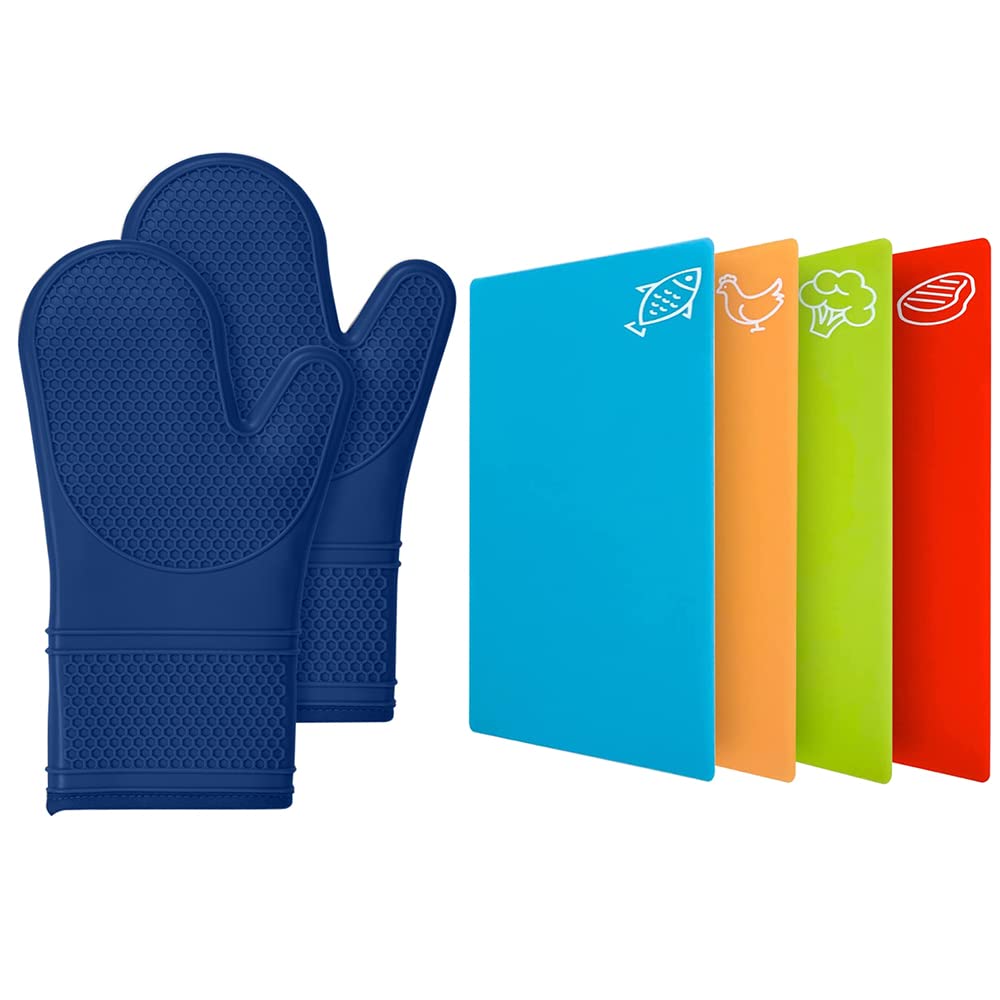 Gorilla Grip Silicone Oven Mitts and Flexible Cutting Boards 4 Pack, Oven Mitts are 12.5 Inch in Blue Color, Flexible Cutting Boards are Multicolor, 2 Item Bundle