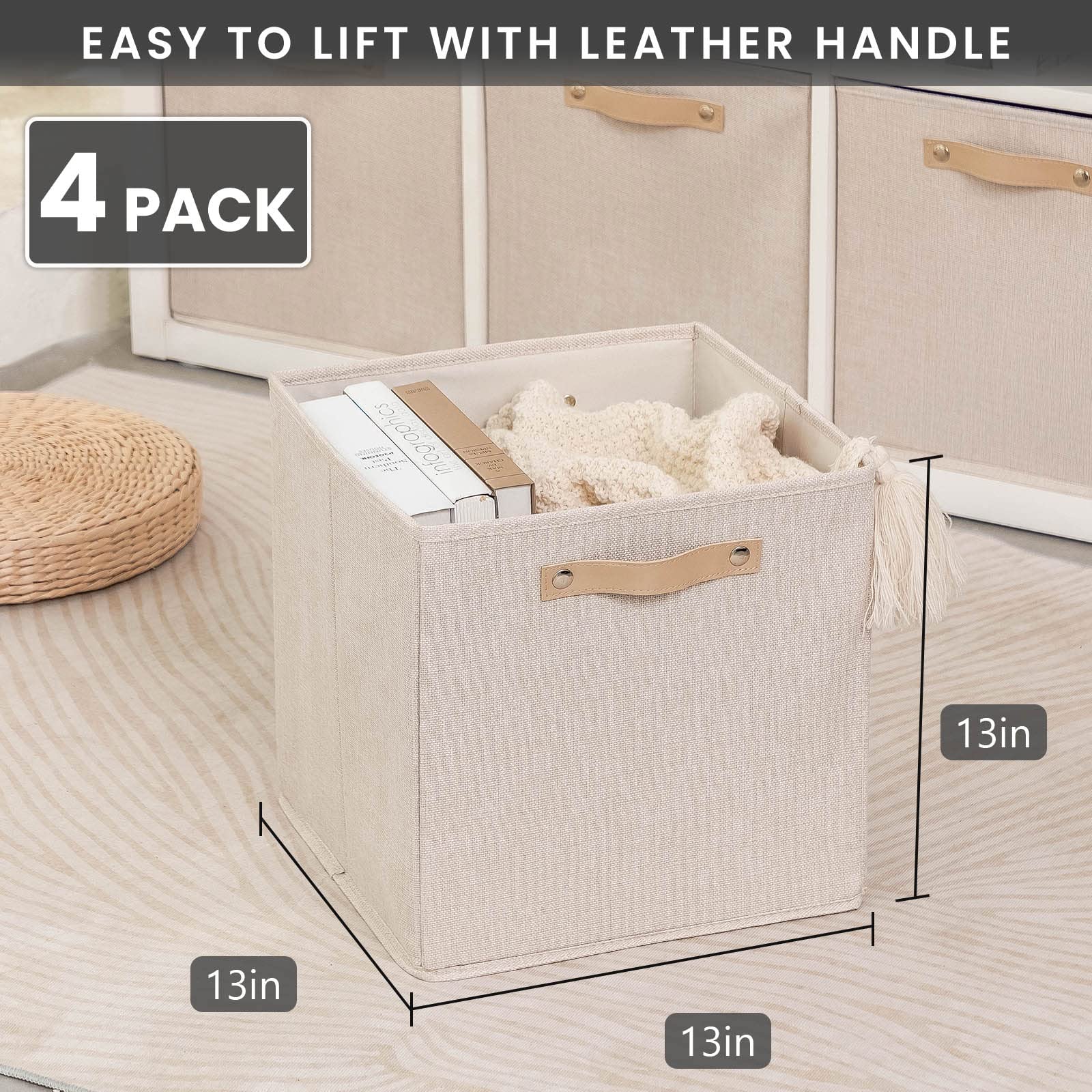 DULLEMELO Fabric Storage Cubes 13×13 Storage Bins, Set of 4 Cube Storage Bins Baskets With Handles for Organizing Toys Clothes, Foldable Cube Organizers for Shelves, Home, Office, Nursery, White&Grey