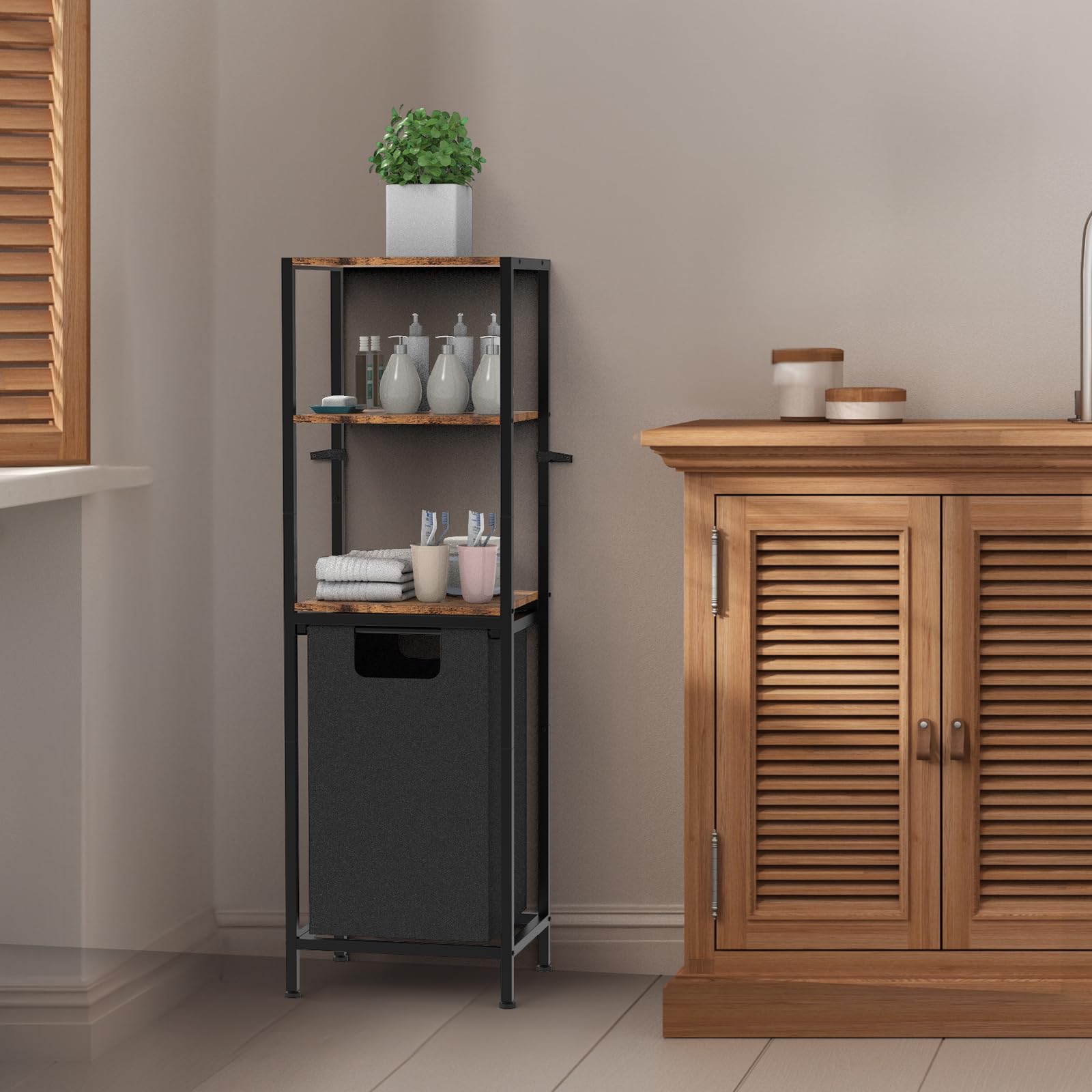 Laundry Hamper with Shelf, Laundry Basket with Storage Shelf, 3-Tier Laundry Room Hamper, Bathroom Laundry Hamper Cabinet with Shelves, Industrial Laundry Sorter with Pull Out Removable Bag, Black