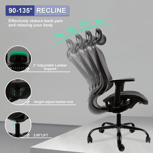 Komene Ergonomic Office Chair High Back Computer Chair Breathable Mesh Desk Chair, Adjustable Headrest and Lumbar Support with 3D Armrest Heavy-Duty Swivel Task Chair, Maximum Load 300lbs