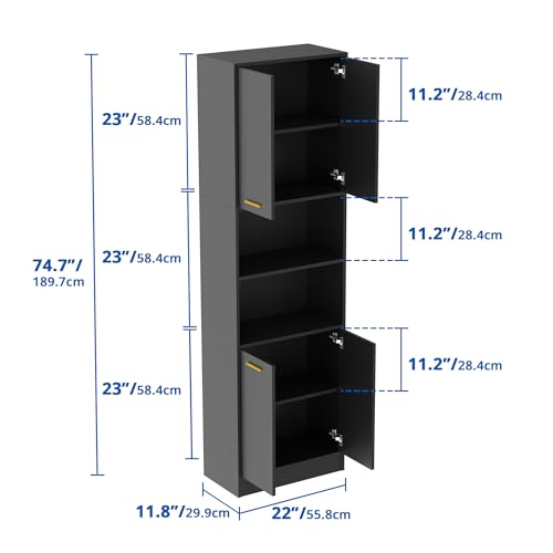 Cozy Castle Kitchen Pantry Storage Cabinet 75" Tall 4 Doors Wood Freestanding Cupboard with Open Countertop and Adjustable Shelves Utility Cabinets for Dining Room Living Room Laundry Bathroom, Black