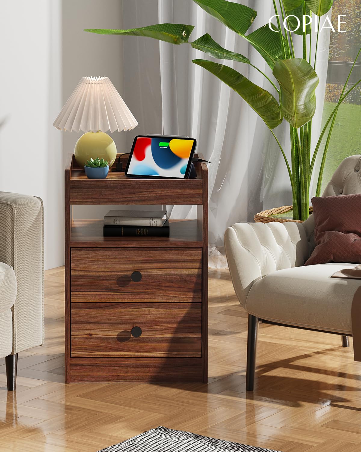 COPIAE Nightstand with Charging Station, Led Bedside Table Walnut Small, Nightstands with 2 Drawers Storage, Wood End Table with USB Ports and Outlets, Side Table for Bedroom Living Room