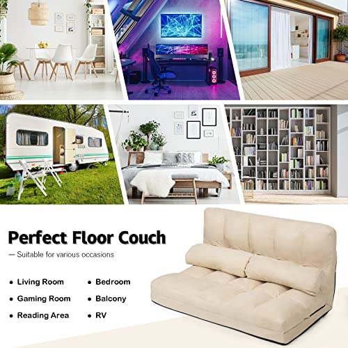 KOMFOTT Adjustable Floor Sofa Bed, Foldable Lazy Sofa Sleeper Bed with 6 Position Backrest & 2 Pillows, Convertible Futon Couch Bed with Suede Cloth Cover, Lounge Recliner for Living Room