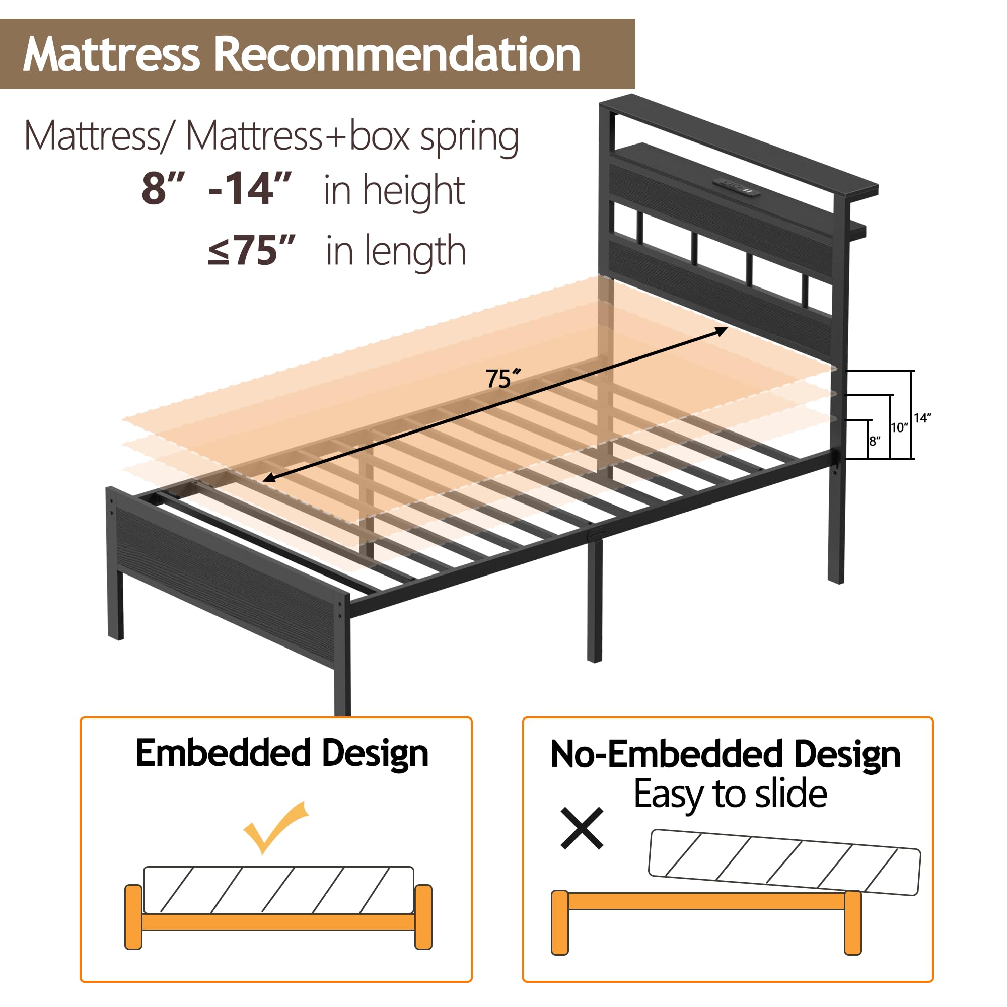 Furnulem Twin Size Bed Frame with Charging Station and LED Lights, Platform Bed with Metal Slats, Grey Upholstered Headboard with 2-Tier Storage Shelves, No Box Spring Needed