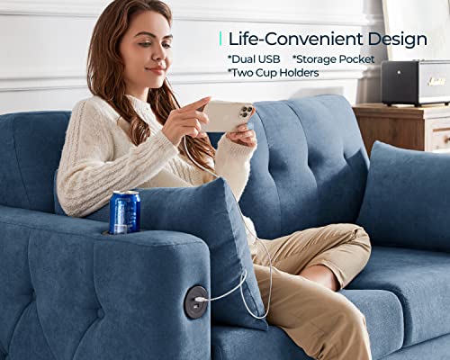 LINSY HOME Pull Out Sofa Bed, 2-in-1 Convertible Sleeper Couch with Memory Foam Mattress, Two Seat Loveseat Sleeper Sofa Bed for Living Room, Blue, Full Size