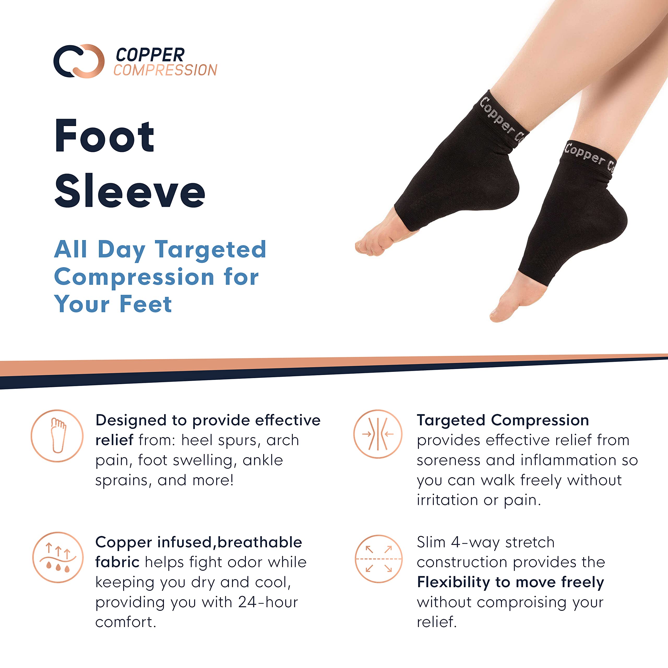 Copper Compression Foot Sleeves - Plantar Fasciitis, Achilles, Ankle Support Brace Socks - Day/Night Relief from Heel Spurs, Arch Pain, Swelling, Soccer Injuries, Golf, Running - 1 Pair Black - L