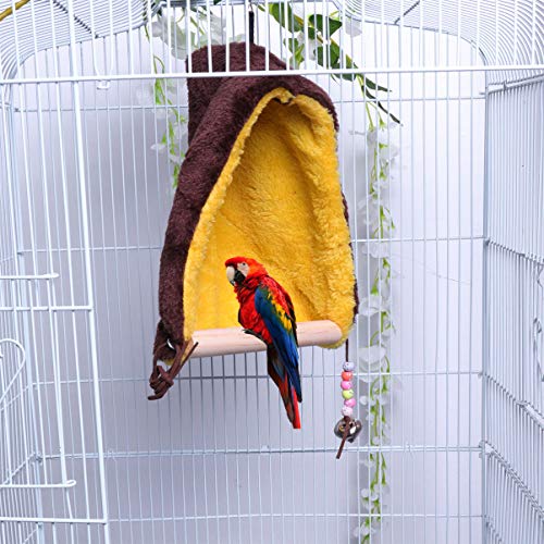 Parrot Swing Perch - Bird Winter Plush Hut Tent Birdcage Hammock with Wood Stand and Bells Pendant for Parakeets Cockatiels, Conures, Macaws, Parrots, Love Birds, Finches