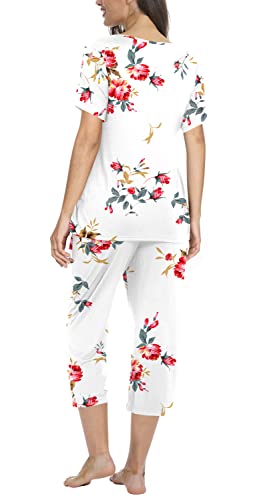 POPYOUNG Women's Pajamas Sets, Summer Short Sleeves Tunic Top with Comfy Capri Pants, Lounge Sleepwear 2 piece Ladies Pjs Sets with Pockets XL, Floral White