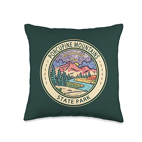 Porcupine Mountains State Park Designs Porcupine Mountains State Park Michigan Badge Vintage Throw Pillow, 16x16, Multicolor