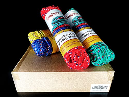 SunnyFence 3/8”, 200ft / 61m, (4 Packs X 3/8” X 50ft) Diamond Braided Polypropylene Premium Rope/Ropes Heavy Duty Rope with Red/Yellow/Blue/Green