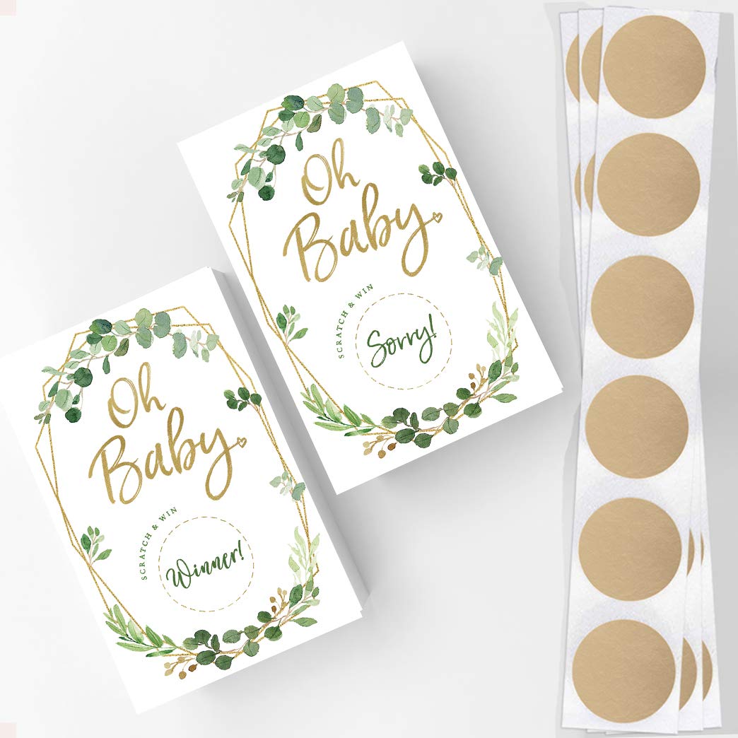Printed Party Baby Shower Game – Greenery Scratch Off Cards for Girl or Boy, Botanical Theme, 30 Cards & Stickers