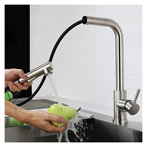 JEMITA Pull Out Kitchen Sink Faucet Silver Black Stainless Steel Single Handle Hot & Cold Mixer Tap Stream Sprayer Head Swivel Faucets (Color : Silver)