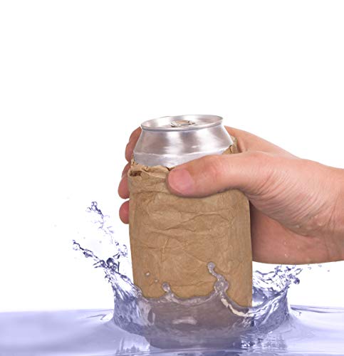 TYVEK BROWN BAG ARTWORK INSULATED CAN & BOTTLE COOLER SLEEVE SOFT REUSABLE COLLAPSIBLE COOLIE FOR PARTIES, EVENTS OR WEDDINGS BUM COLD DRINK THERMAL INSULATOR